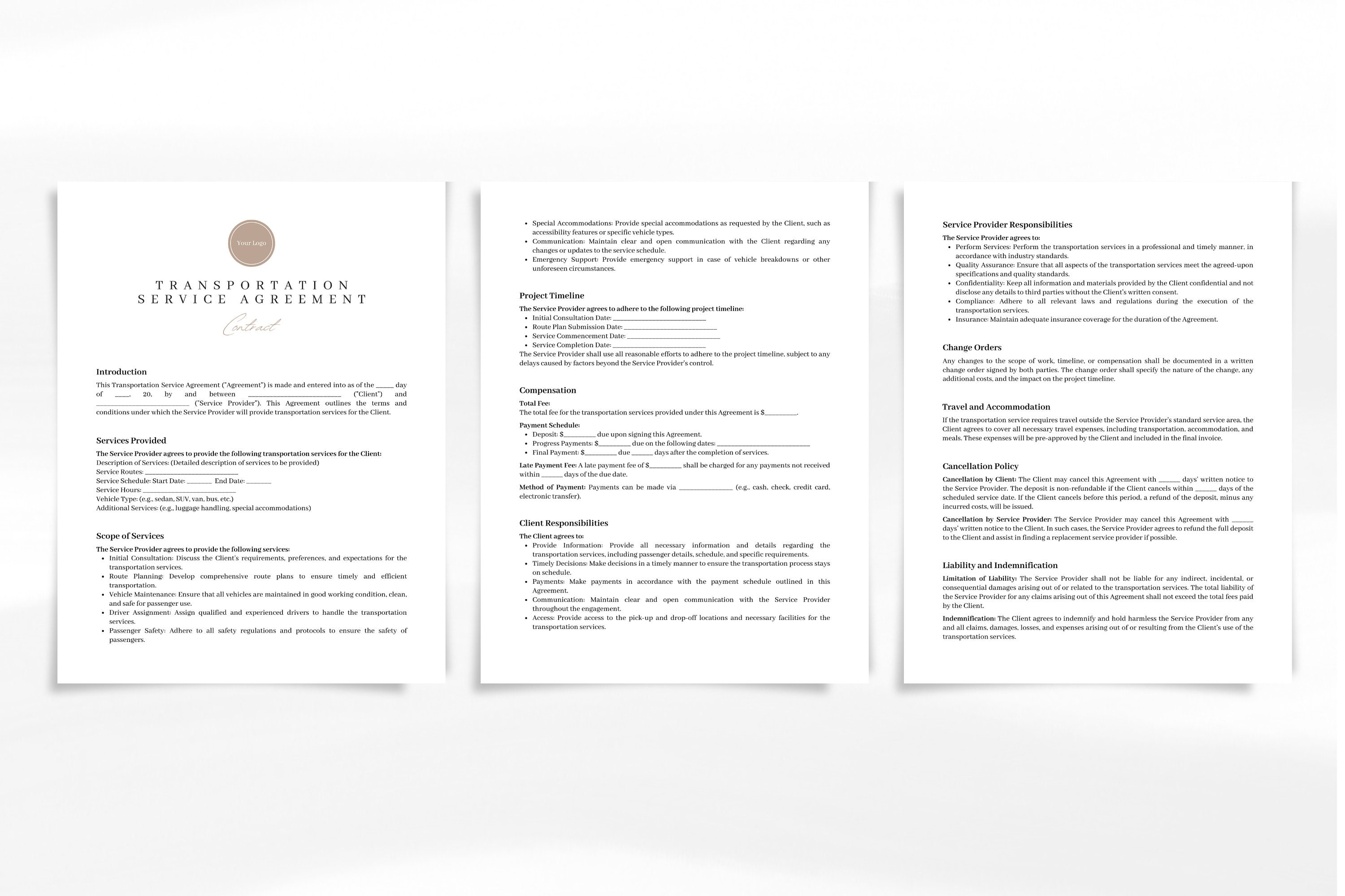 Transportation Service Agreement Template Professional Contract for ...