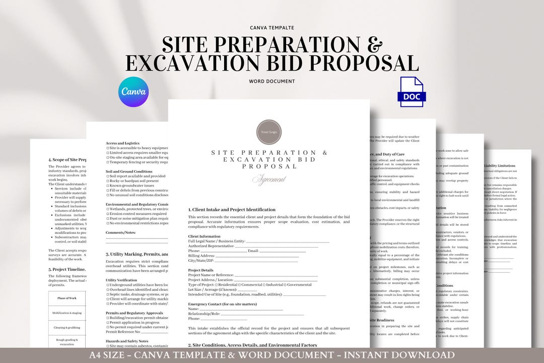 Site Preparation & Excavation Bid Proposal Agreement Contract Template ...