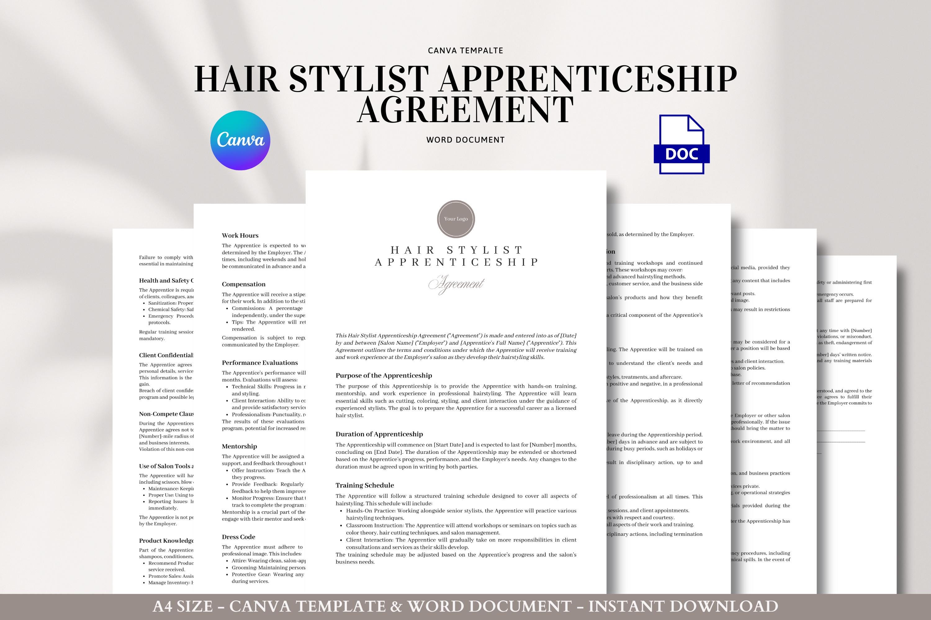 Hair Stylist Apprenticeship Agreement Template Canva and Word | Salon ...