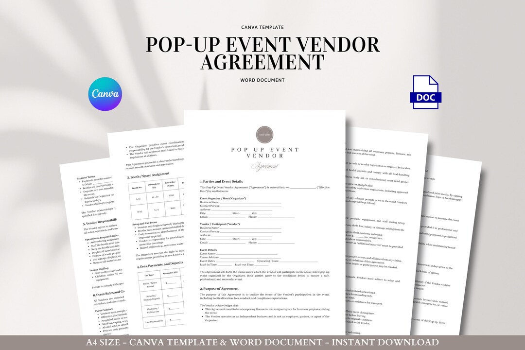 Pop-up Event Vendor Agreement Template | Booth Rental Contract, Fees ...