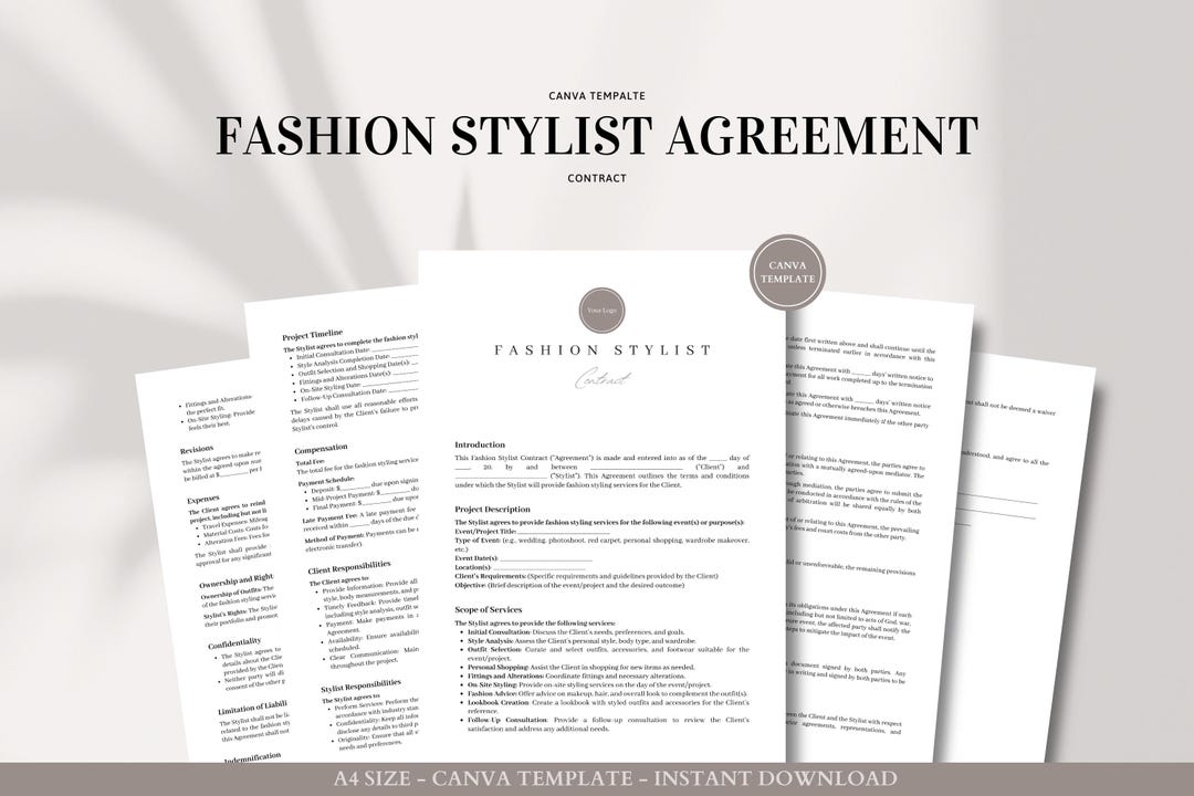 Fashion Stylist Contract Canva Template - Professional Agreement for ...