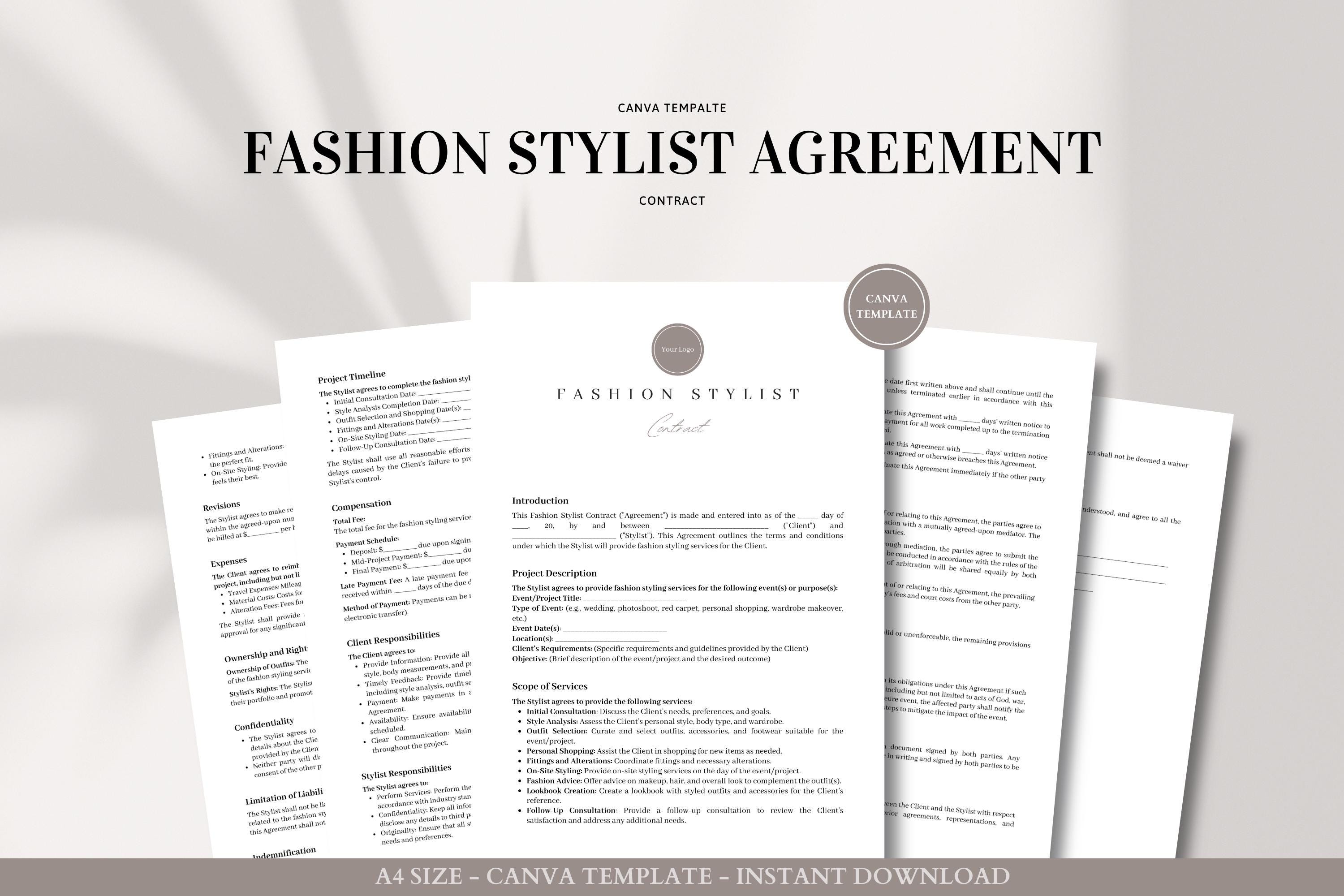 Fashion Stylist Contract Canva Template - Professional Agreement for ...