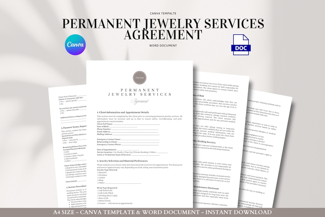 Permanent Jewelry Services Agreement Template Editable Consent Form for ...