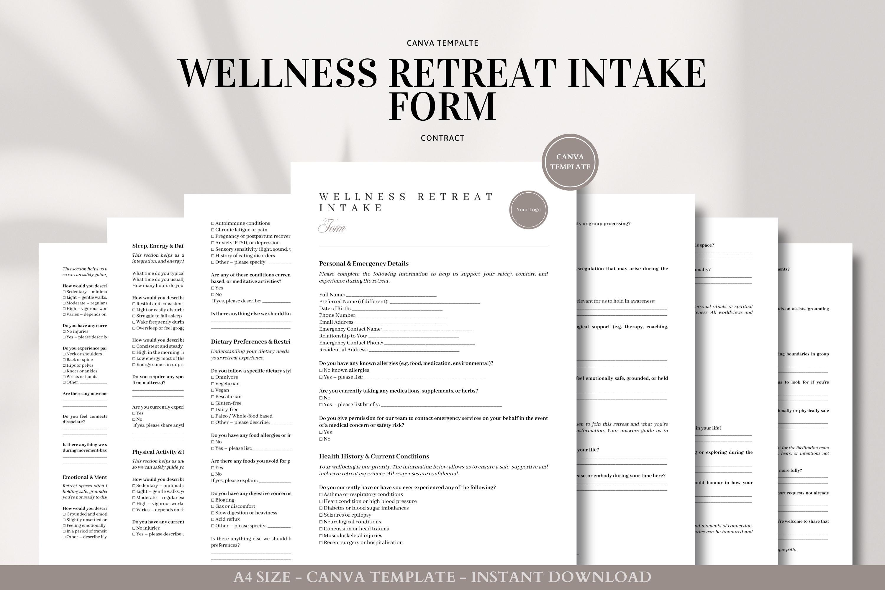 Wellness Retreat Intake Form | In-depth Editable Canva Template for ...