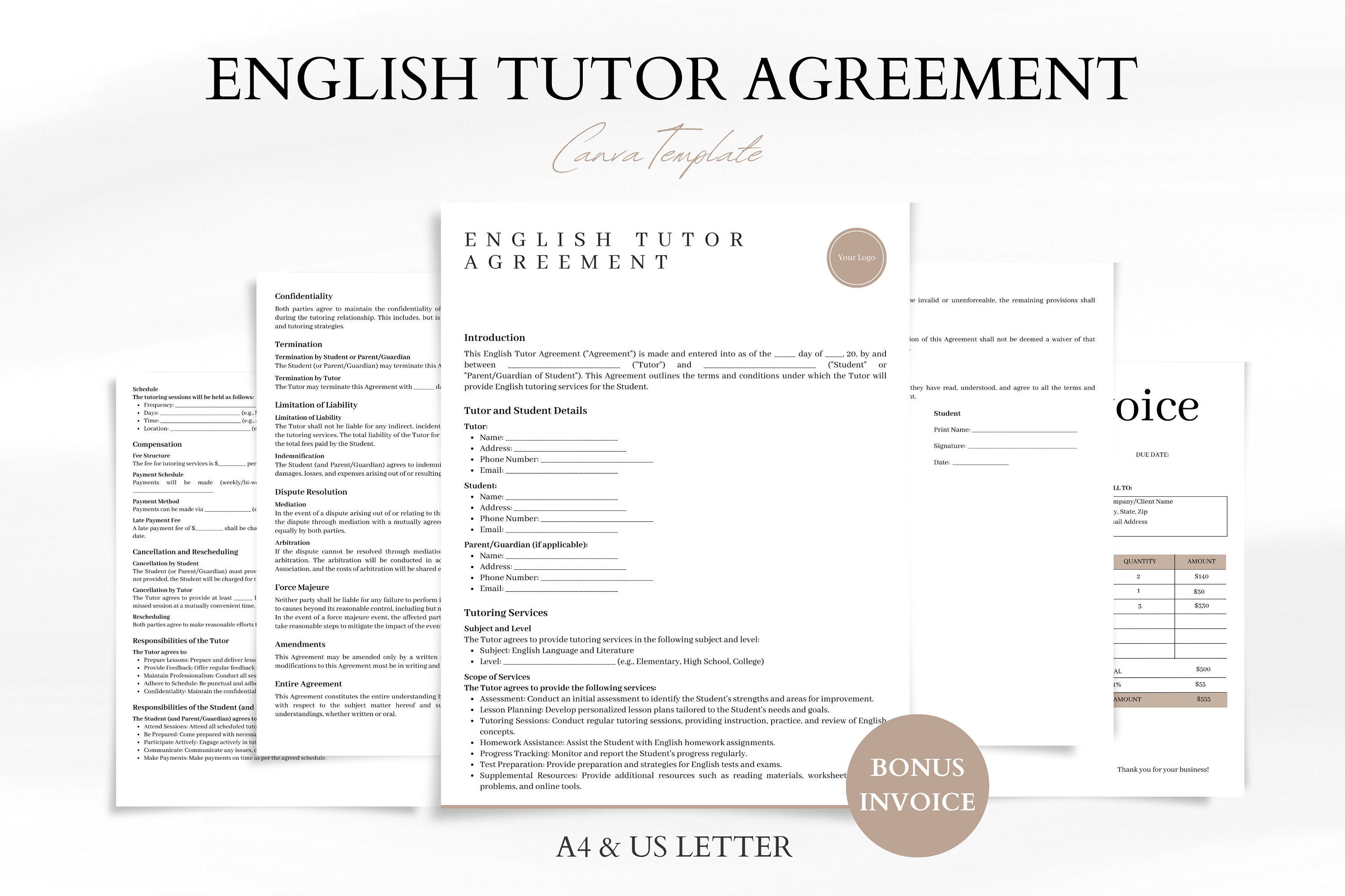 English Tutor Agreement Template Professional Contract for Tutoring ...