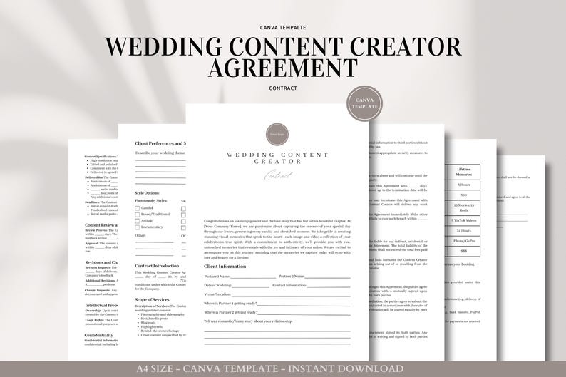Wedding Content Creator Contract Template, Editable Social Media ...