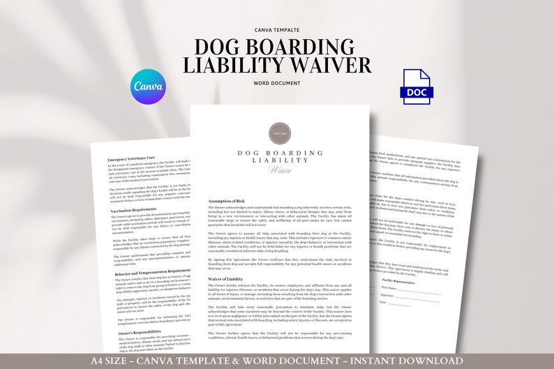Dog Boarding Liability Waiver Editable Consent Form for Kennels ...