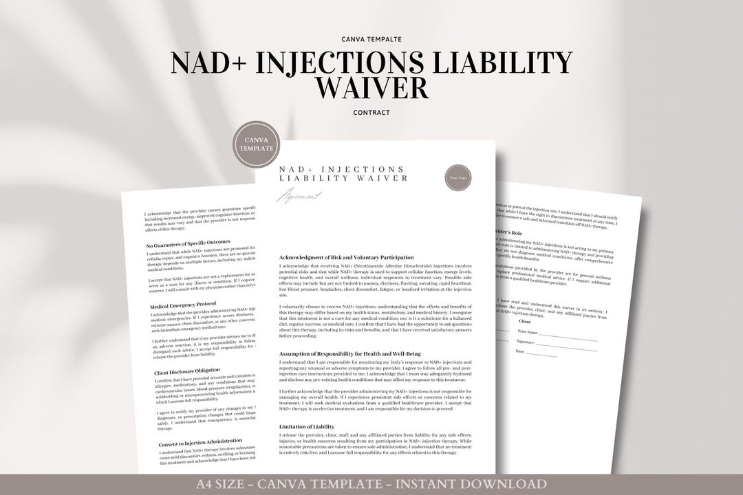 NAD+ Injections Liability Waiver Canva Template | Client Consent Form ...