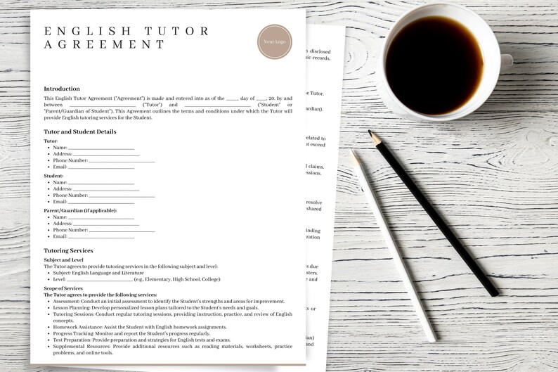 English Tutor Agreement Template Professional Contract for Tutoring ...