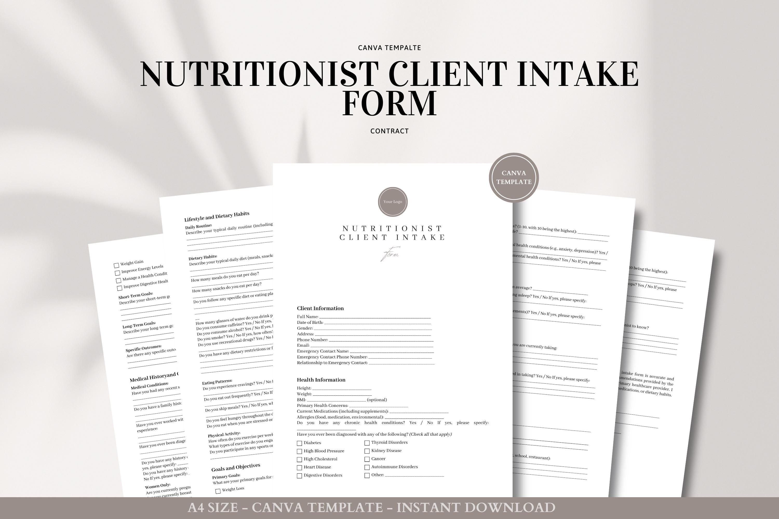 Nutritionist Client Intake Form - Professional Template for Nutritional ...