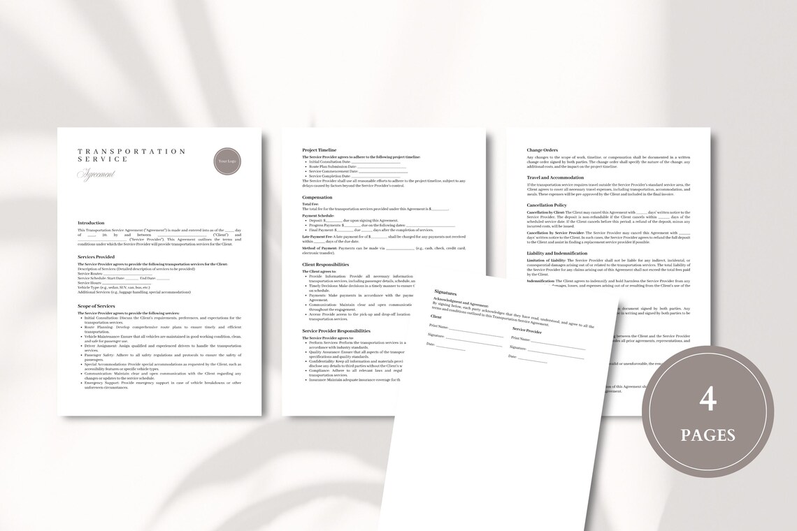 Transportation Service Agreement Editable Contract Template Client ...