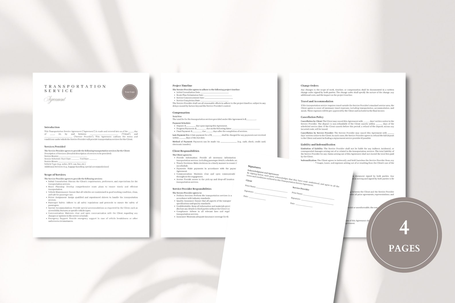 Transportation Service Agreement Editable Contract Template Client ...