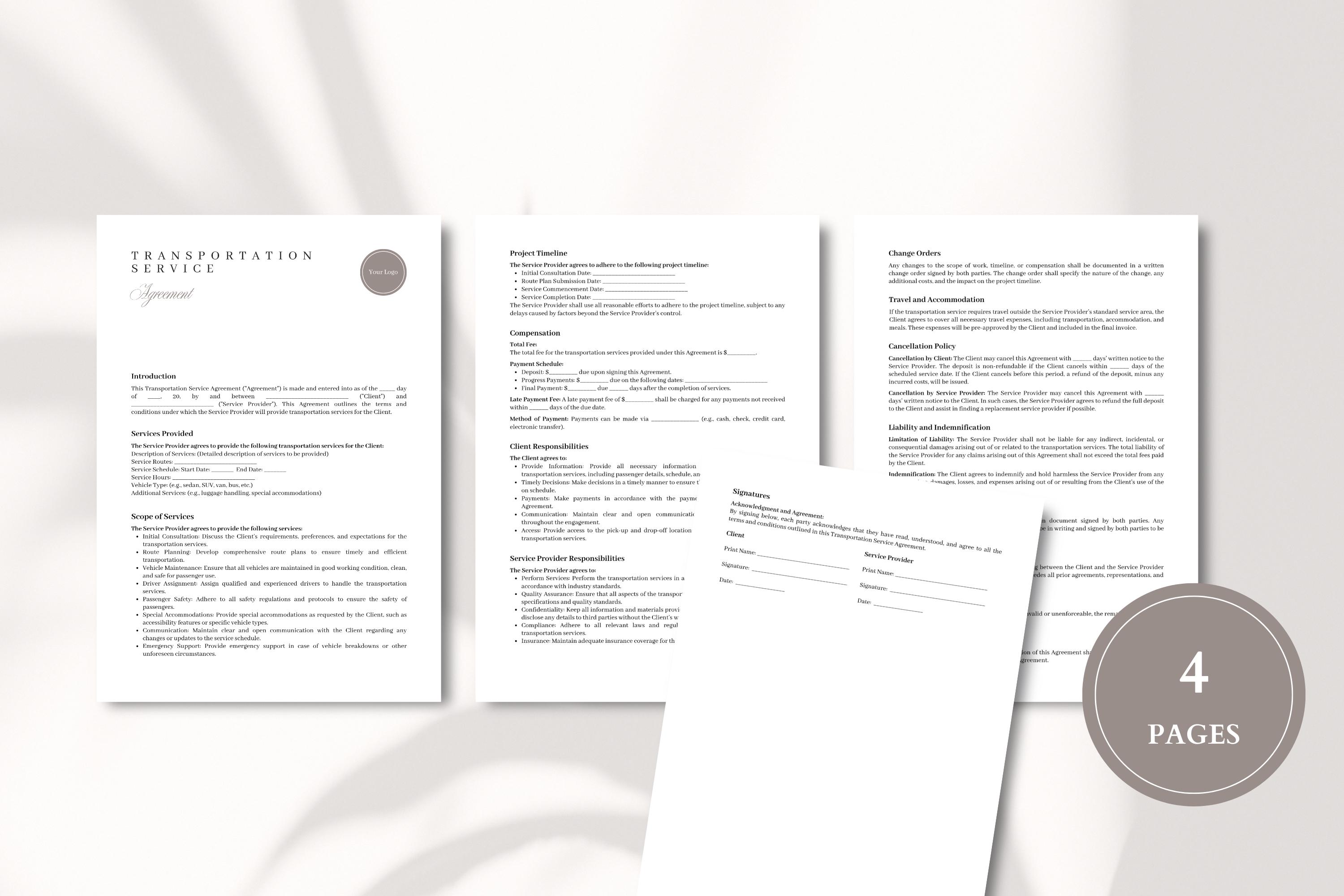 Transportation Service Agreement Editable Contract Template Client ...