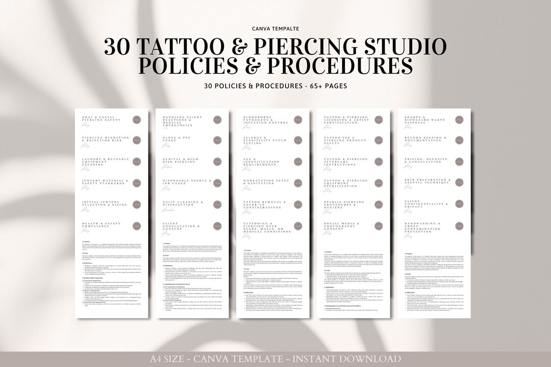 Tattoo & Piercing Studio Policies and Procedures Bundle Canva Template ...