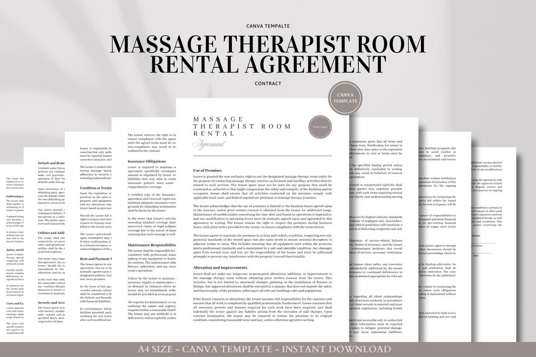 Massage Therapist Room Rental Agreement | Editable Room Lease Contract for Wellness & Spa ...