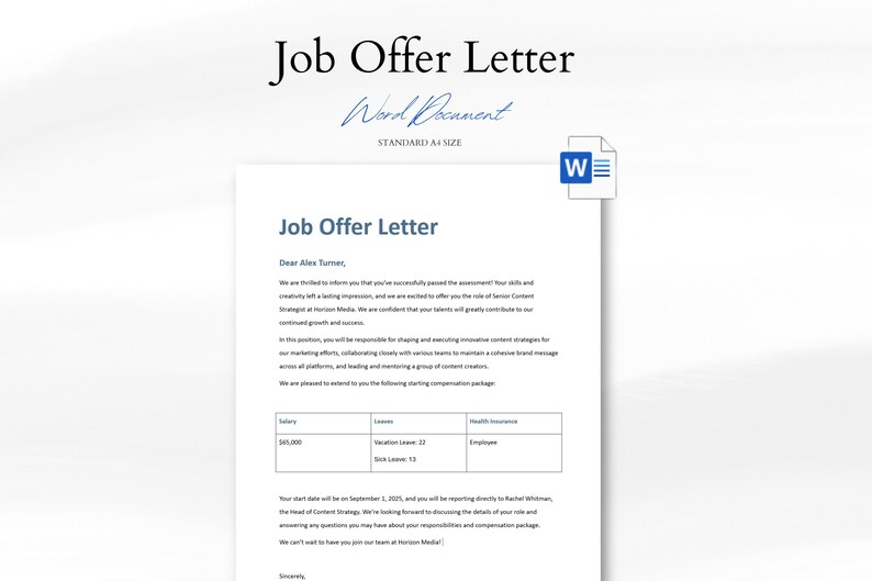 Modelo de carta de oferta de trabajo / Editable en Word / Oferta de ...