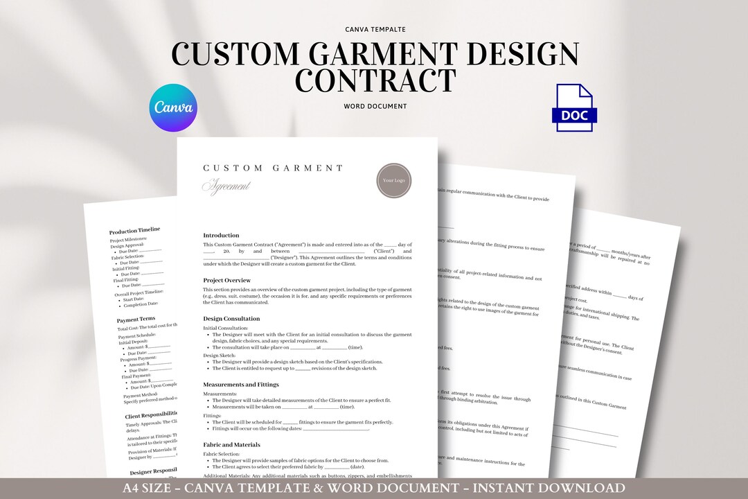 Custom Garment Design Contract Editable Sewing Agreement Template for Fashion Designers Bespoke ...