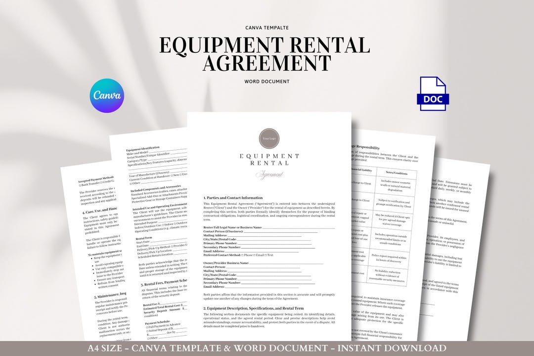 Equipment Rental Agreement Contract Template for Tool, Party, AV, and ...
