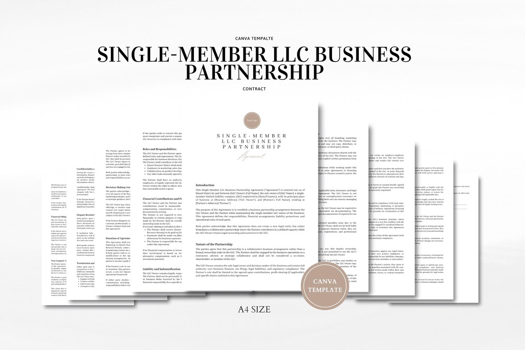 Single-member LLC Business Partnership Agreement Template Collaboration ...