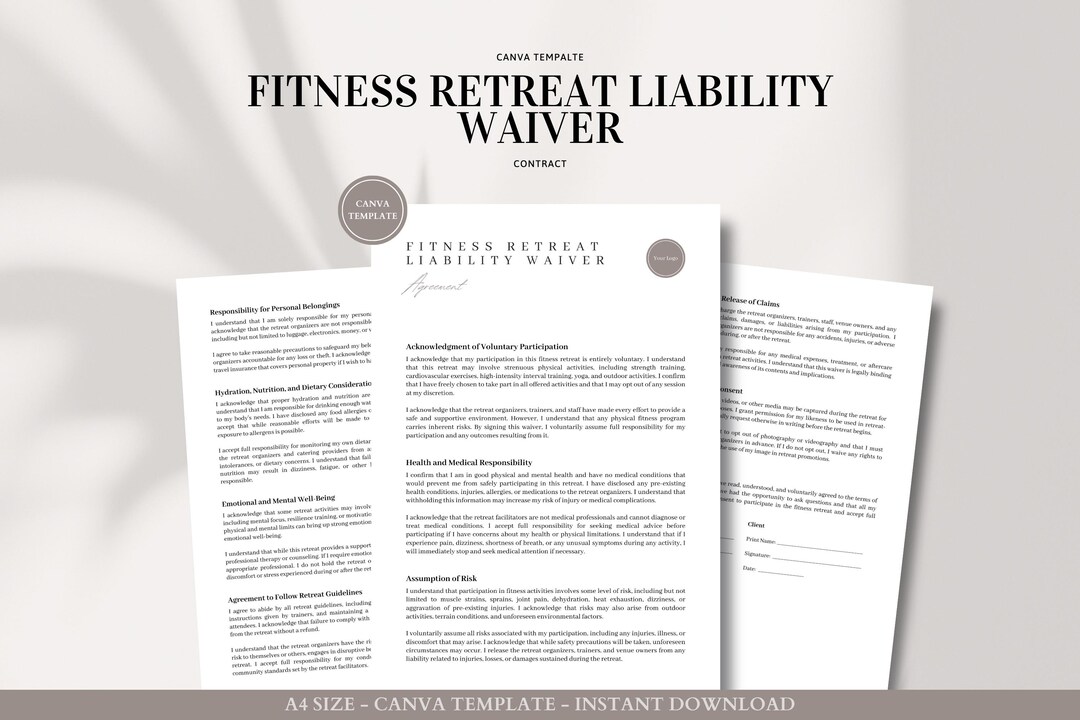 Fitness Retreat Liability Waiver Canva Template Editable Consent Form ...
