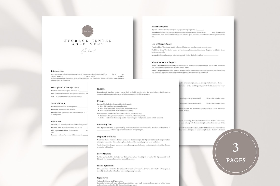 Storage Rental Agreement Template - Canva Editable Digital Download ...