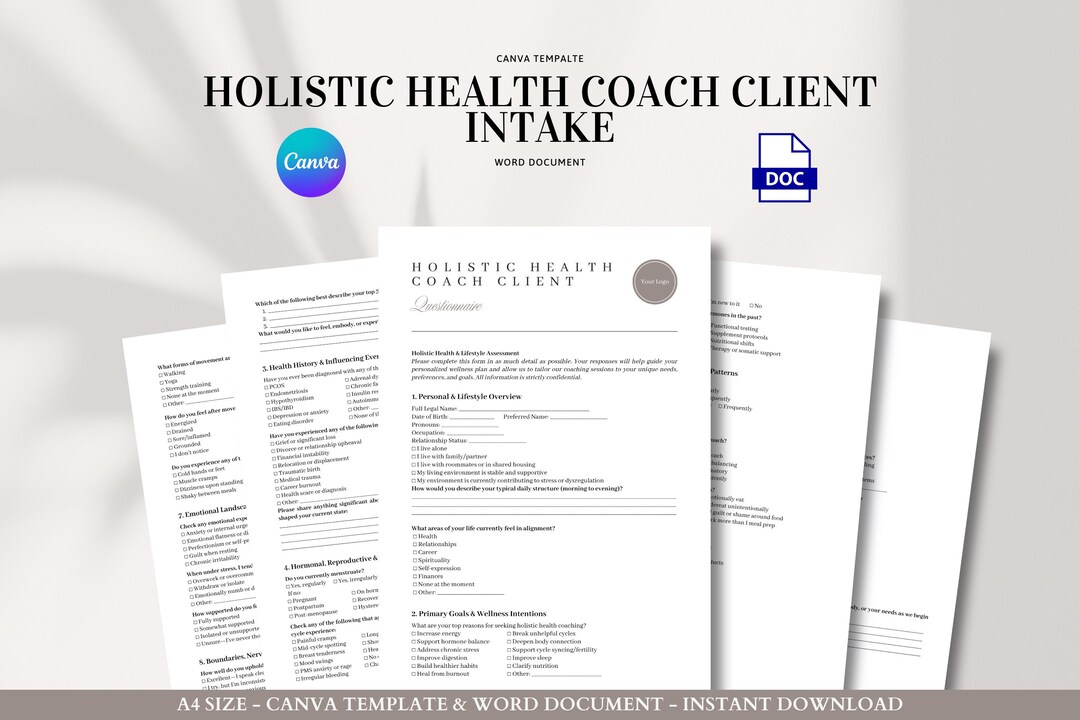 Holistic Health Coach Client Intake Form Canva and Word Template for ...