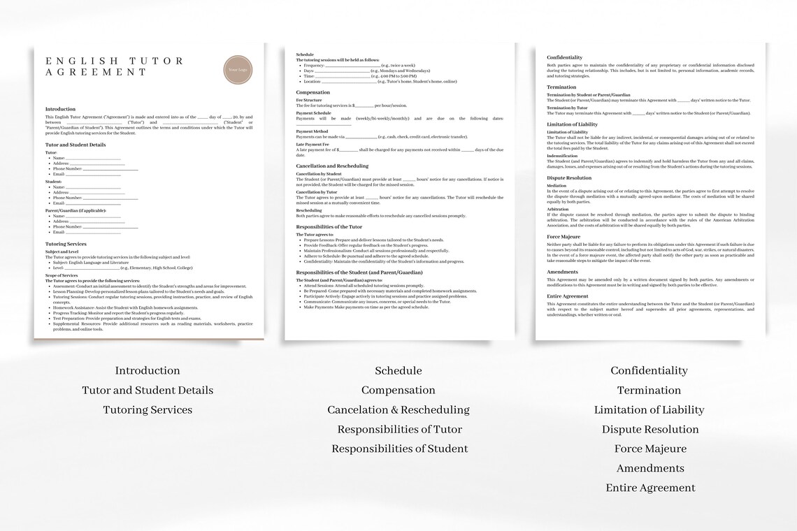 English Tutor Agreement Template Professional Contract for Tutoring ...