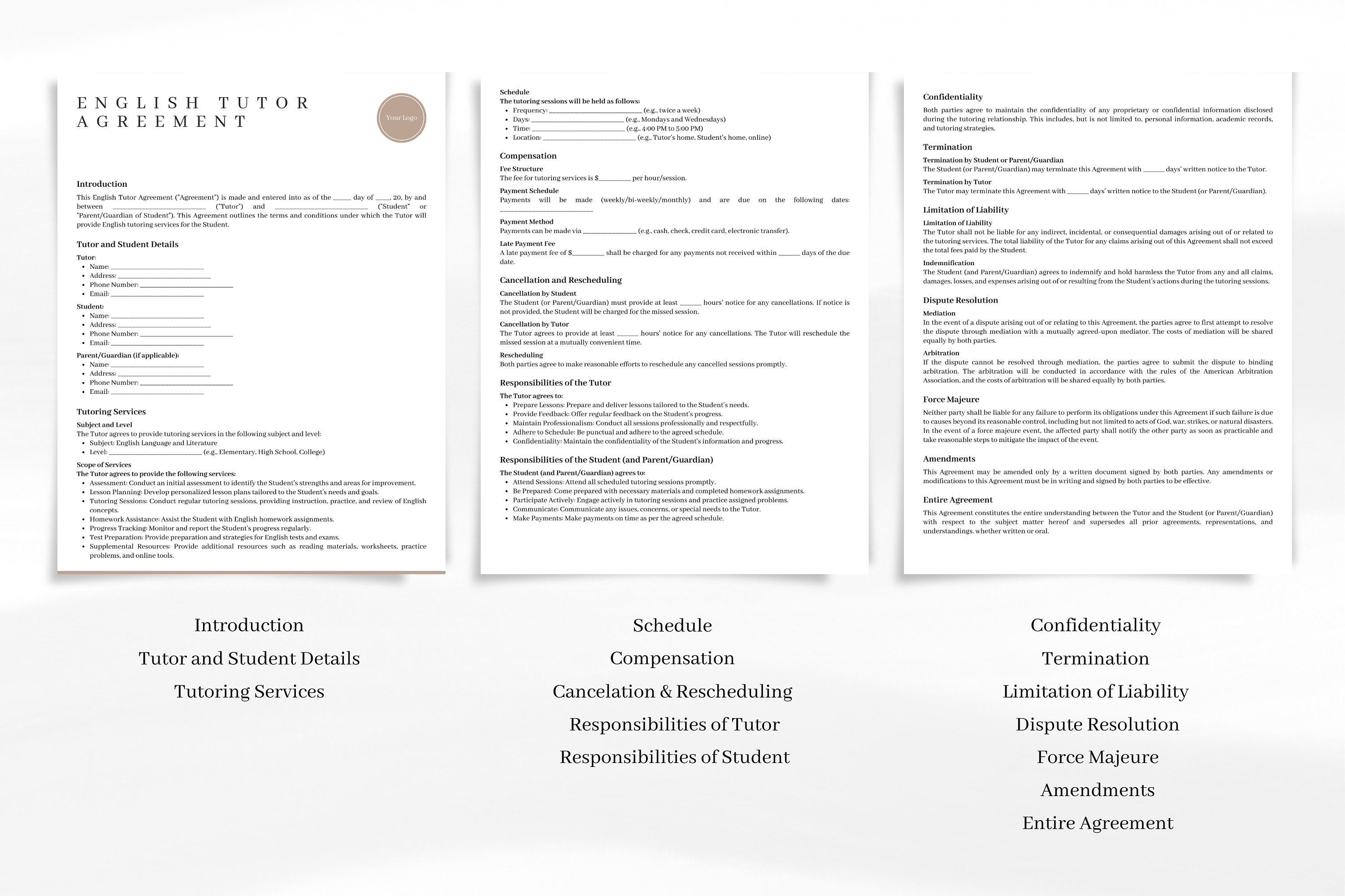 English Tutor Agreement Template Professional Contract for Tutoring ...