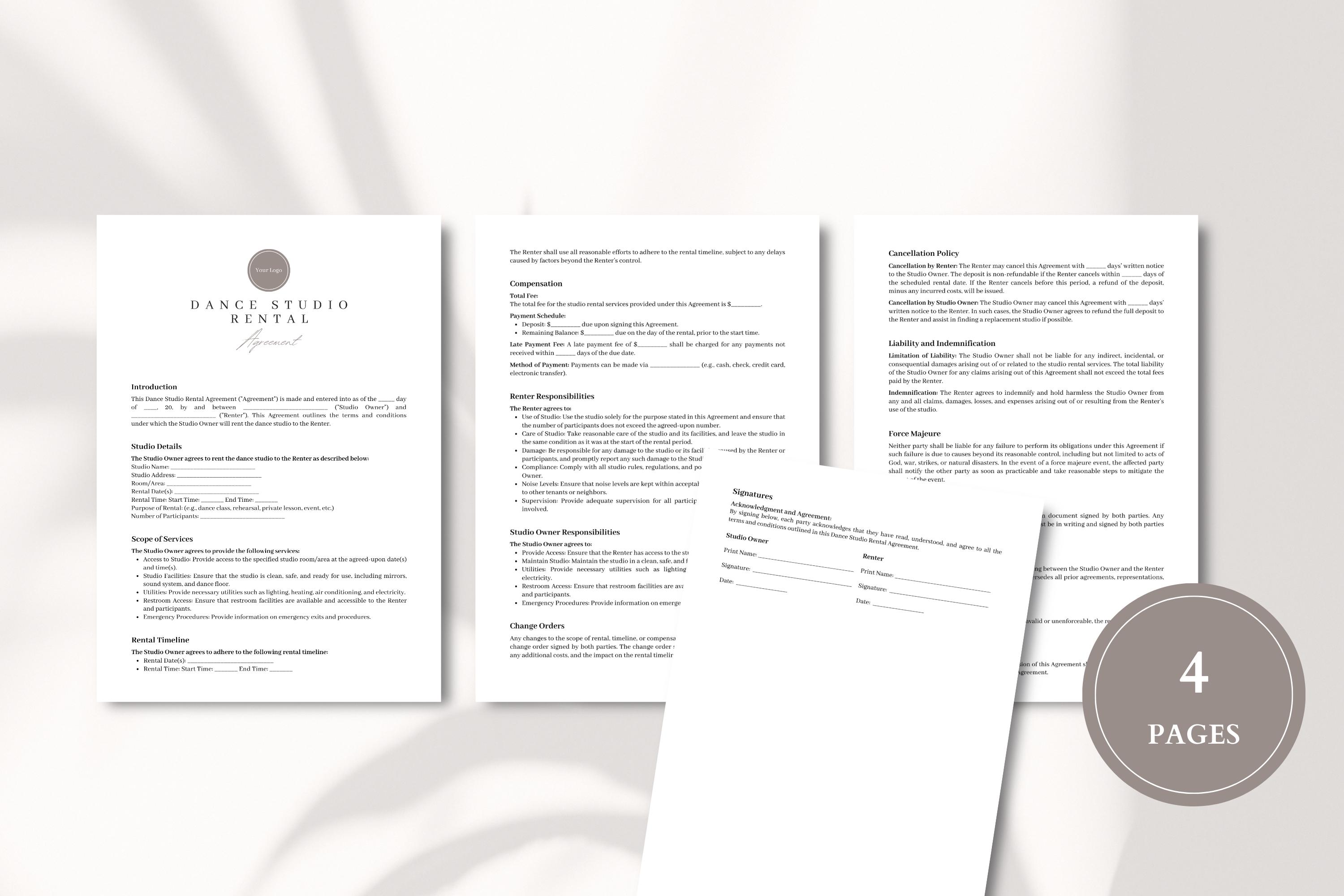 Dance Studio Rental Agreement Canva Template - Professional Contract ...