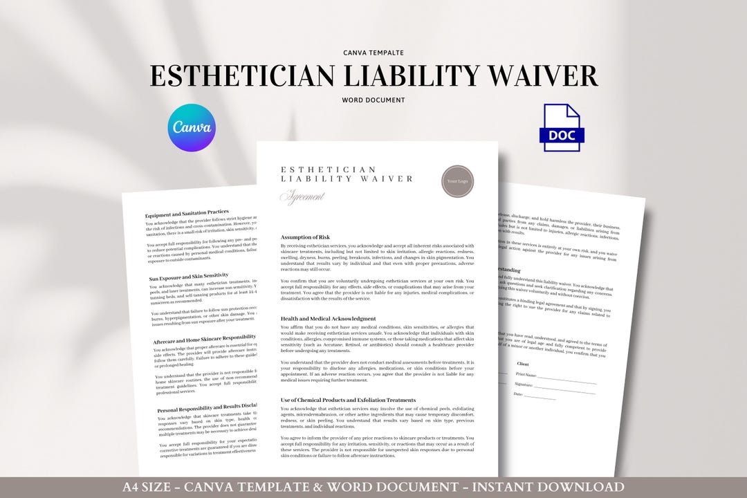 Esthetician Liability Waiver and Client Consent Form Editable Skincare ...