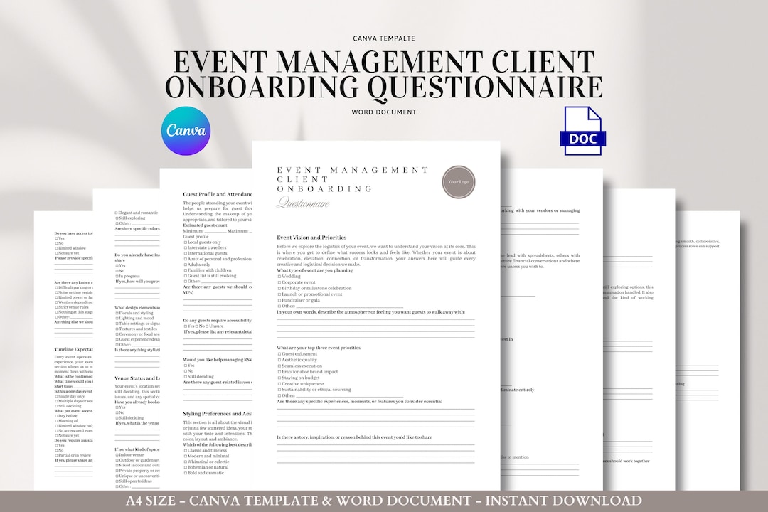 Event Planning Questionnaire Editable Client Onboarding Form Template ...
