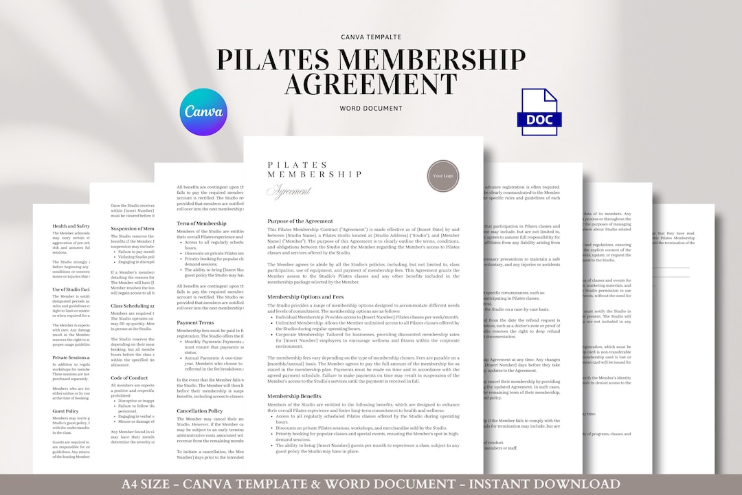 Pilates Membership Agreement Editable Studio Contract Template for ...