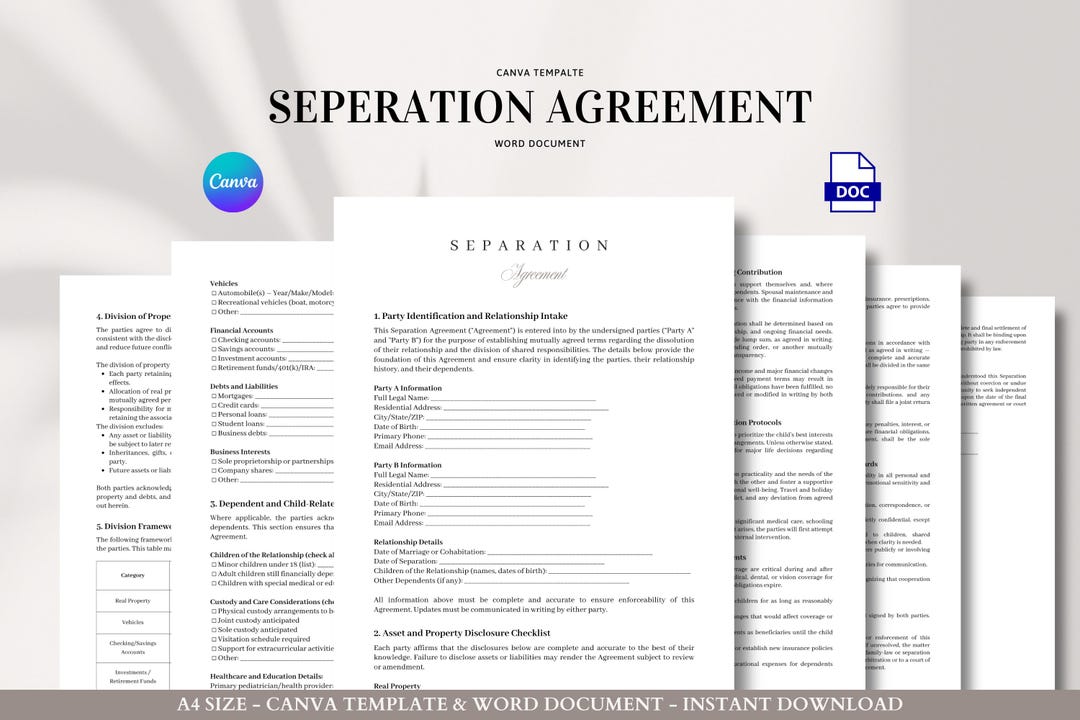 Separation Agreement Contract Template for Couples, Marital Settlements ...