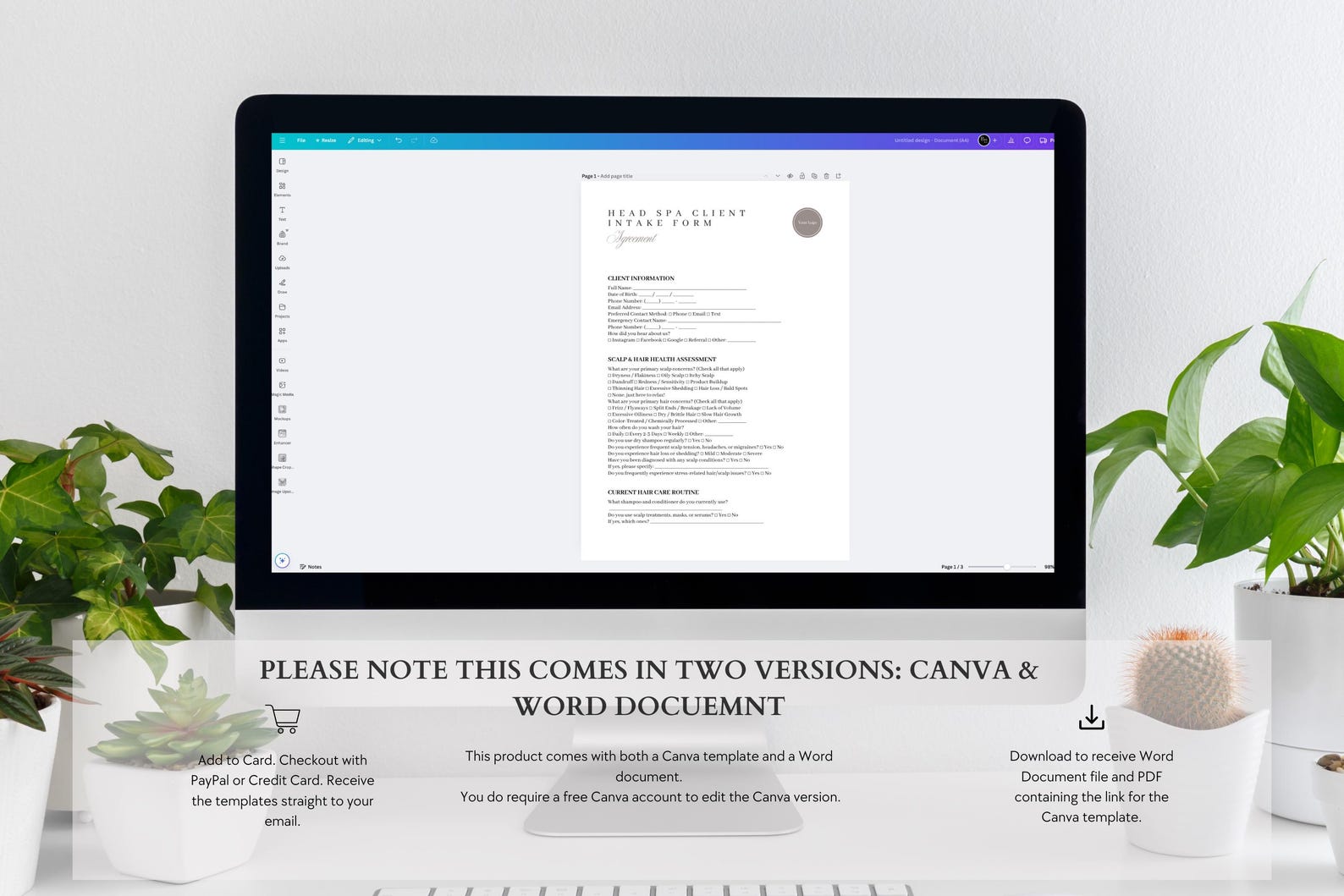 Head Spa Client Intake Form Template Editable Scalp and Hair ...