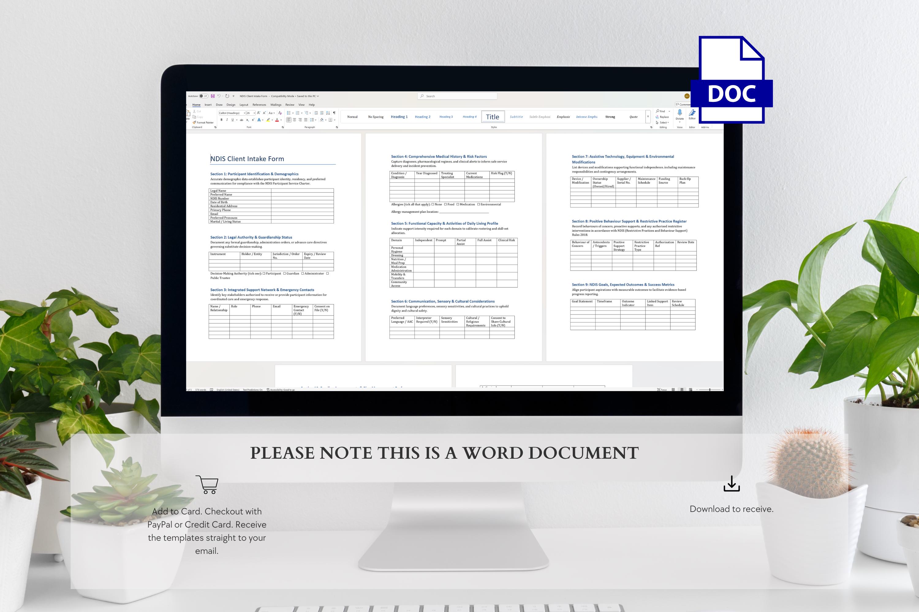 NDIS Client Intake Form Word Document for Participant Risk Consent ...