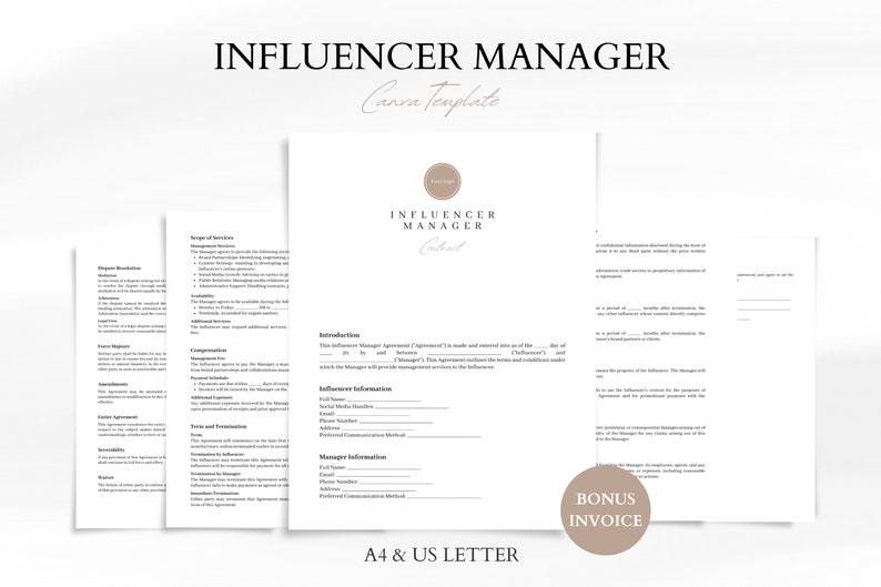 Influencer Manager Agreement Template Professional Contract for ...