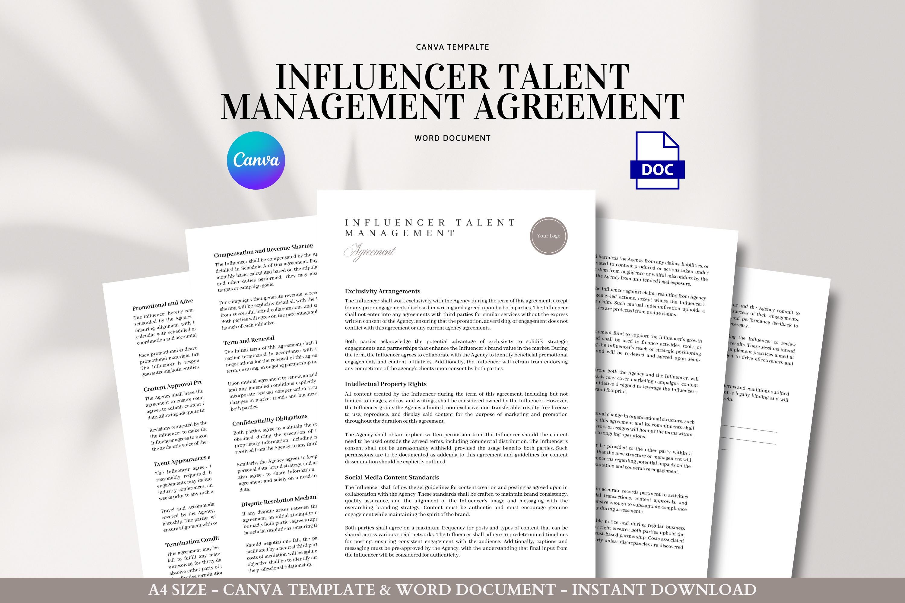 Influencer Talent Management Agreement Template Brand Deals Contract ...