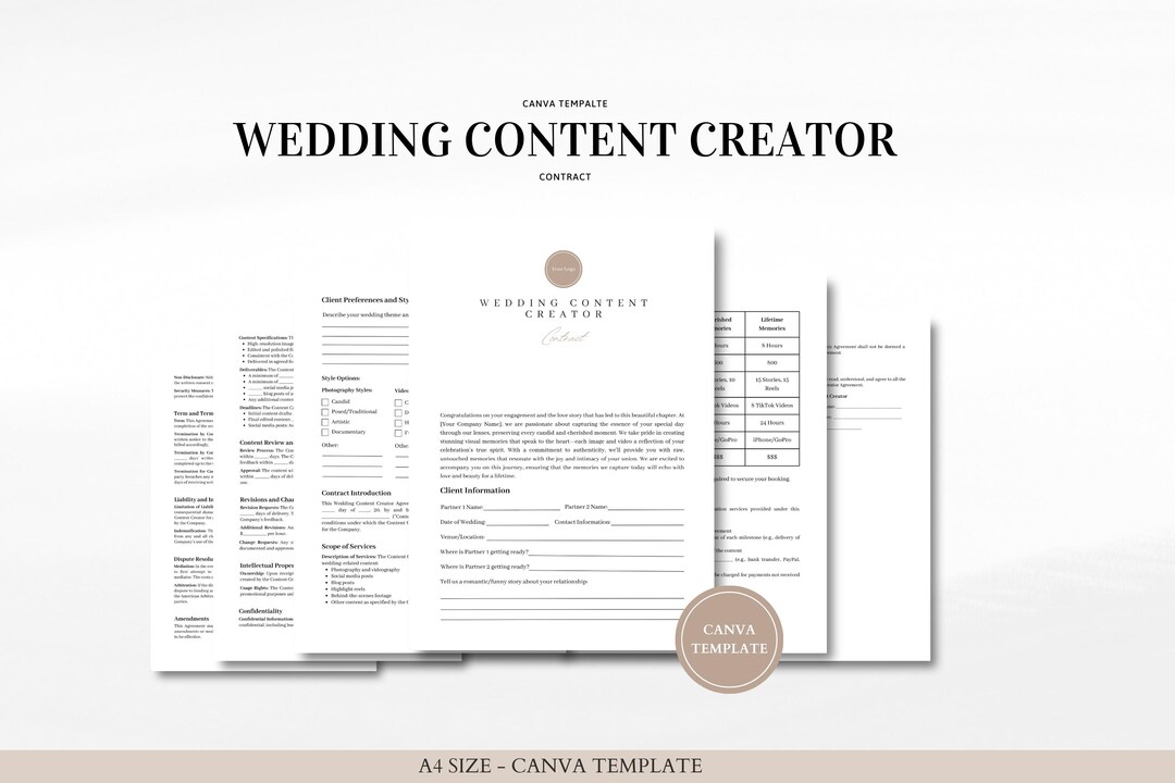 Wedding Content Creator Contract Template, Editable Social Media ...