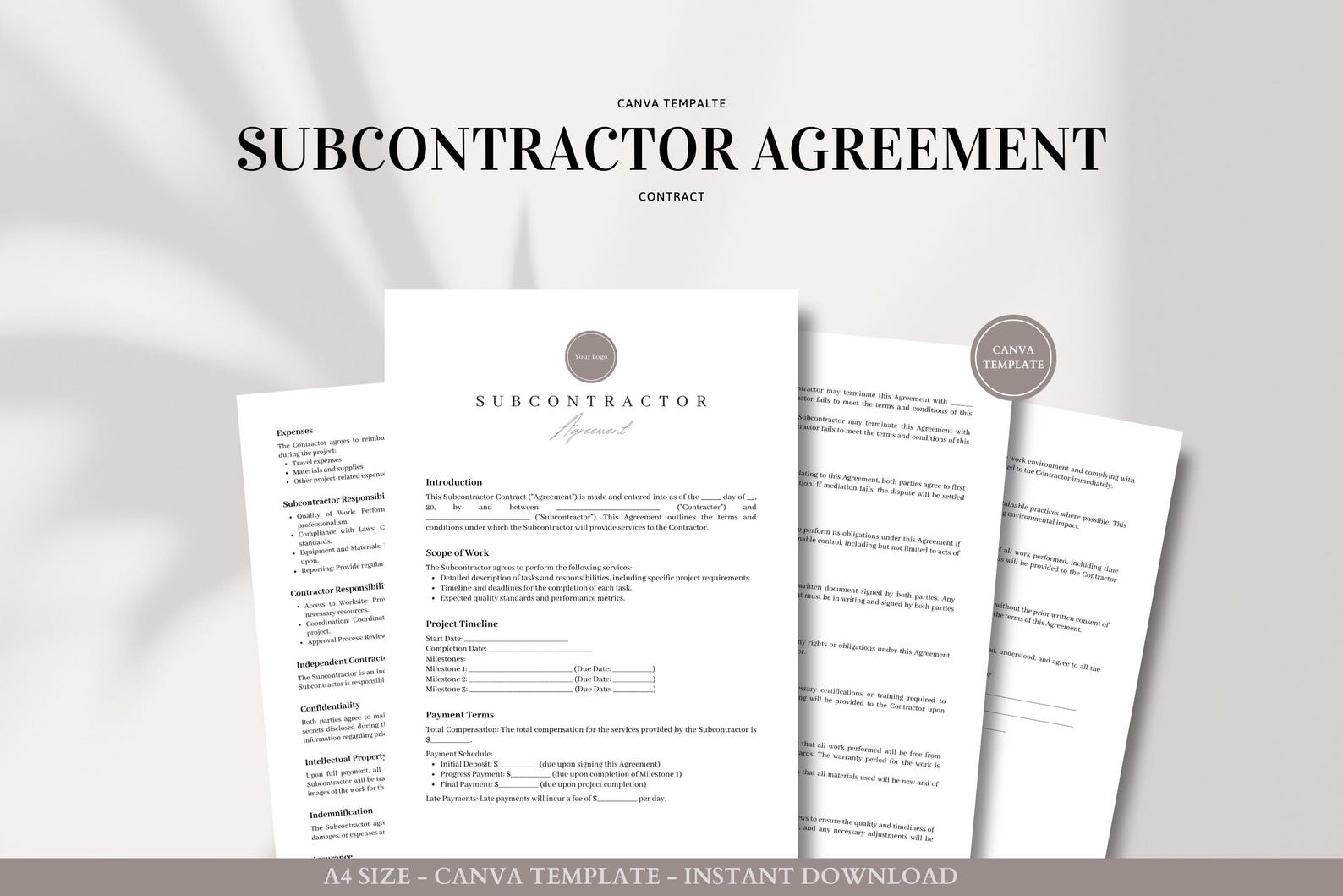 Subcontractor Contract Template | Professional Subcontracting Agreement - Edit in Canva - Etsy