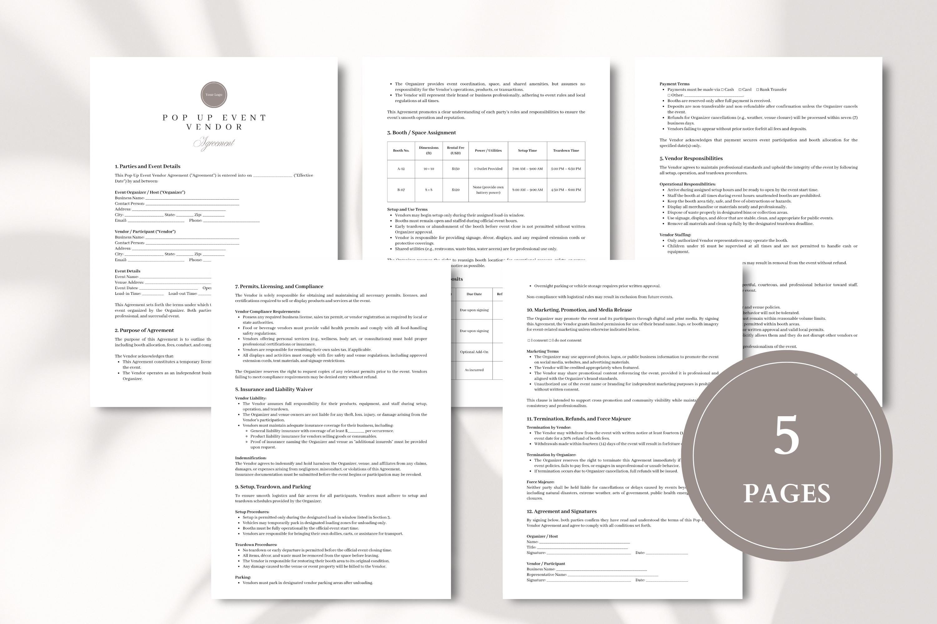 Pop-up Event Vendor Agreement Template | Booth Rental Contract, Fees ...