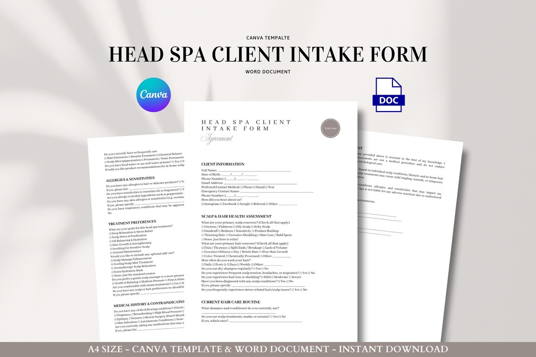 Head Spa Client Intake Form Template Editable Scalp and Hair ...