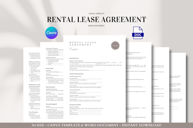 Rental Lease Agreement Editable Landlord Tenant Contract Template Residential Property Rental ...