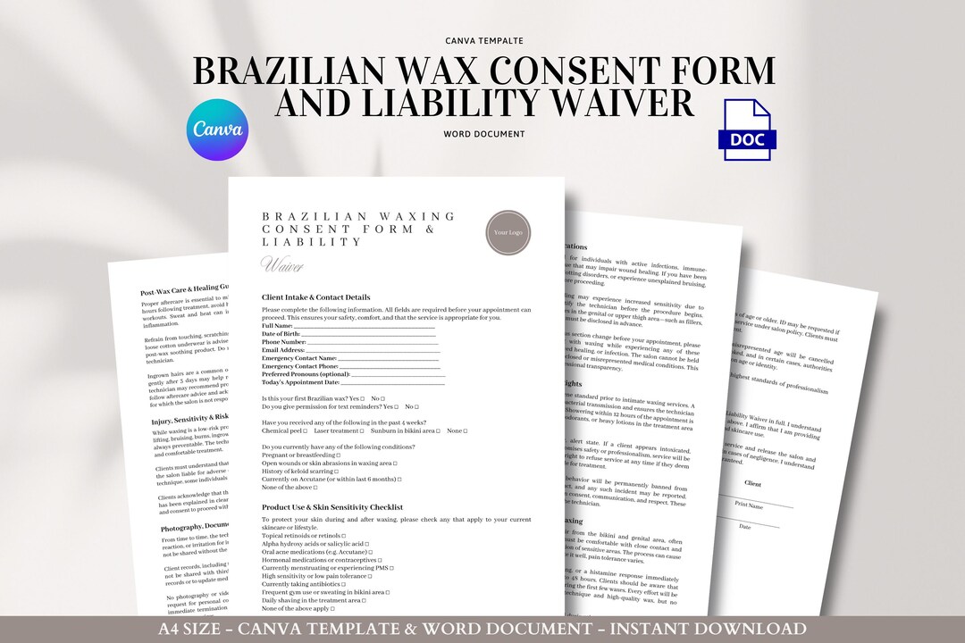 Brazilian Wax Consent Form and Liability Waiver Template for Salons Spa ...