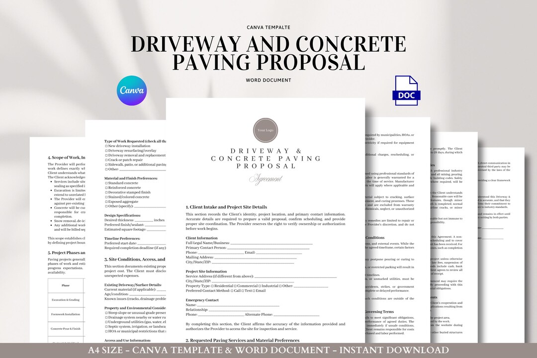Driveway and Concrete Paving Proposal and Service Agreement Template ...