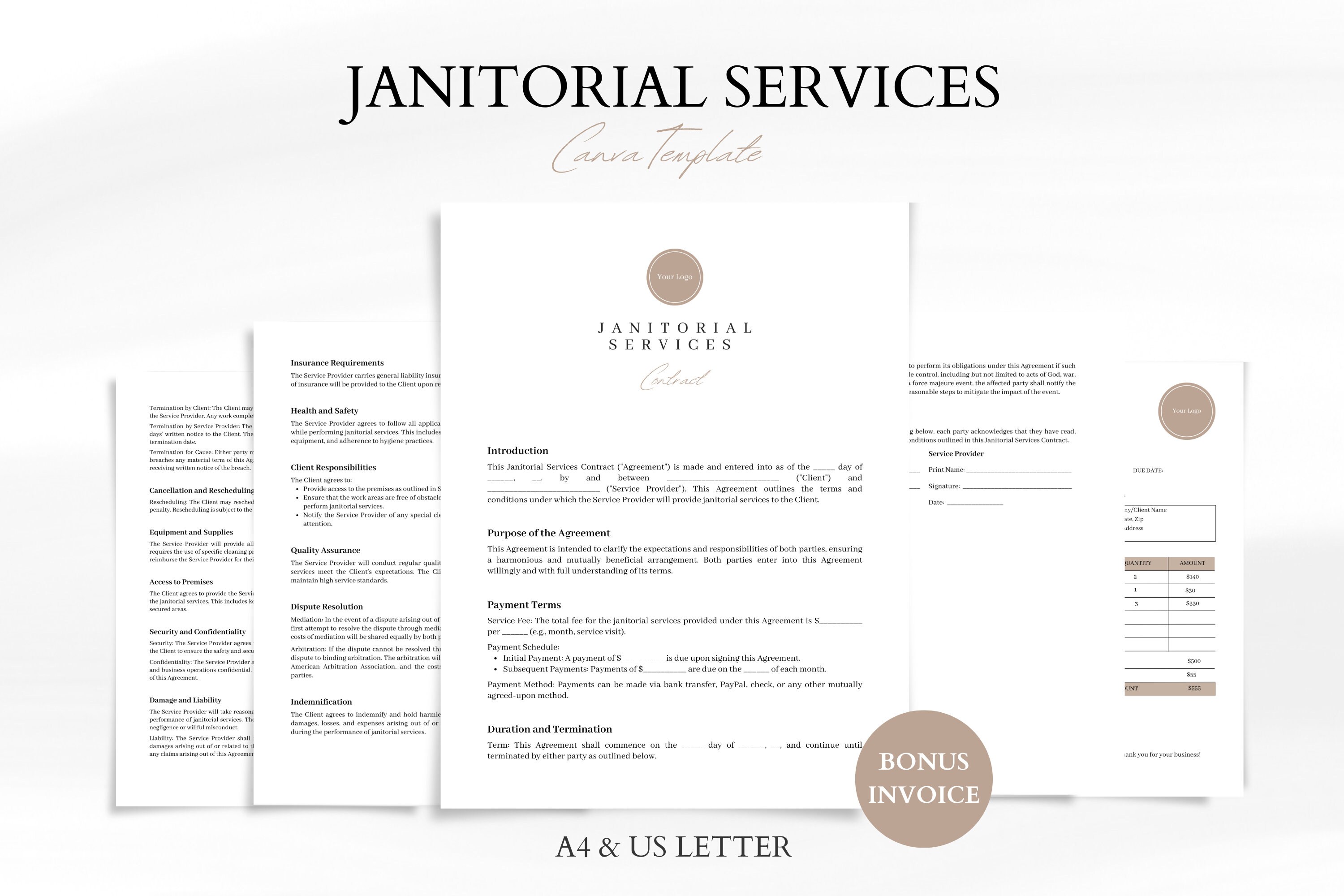 Janitorial Services Contract Template Professional and Customizable Agreement - Etsy
