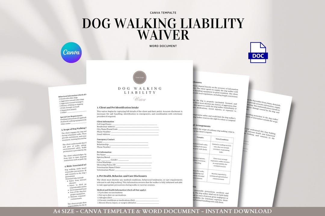Dog Walking Liability Waiver and Consent Agreement Template for Pet Sitters, Dog Walkers, and ...