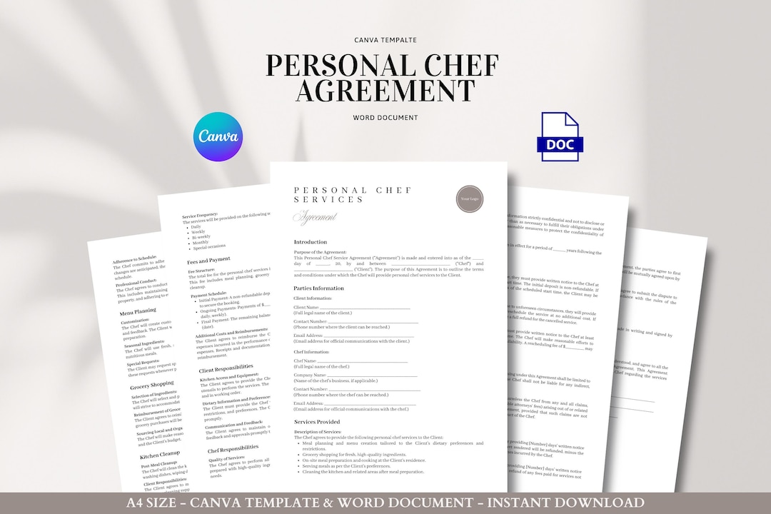 Personal Chef Agreement Template Editable Client Contract for Meal Planning, In-home Cooking ...