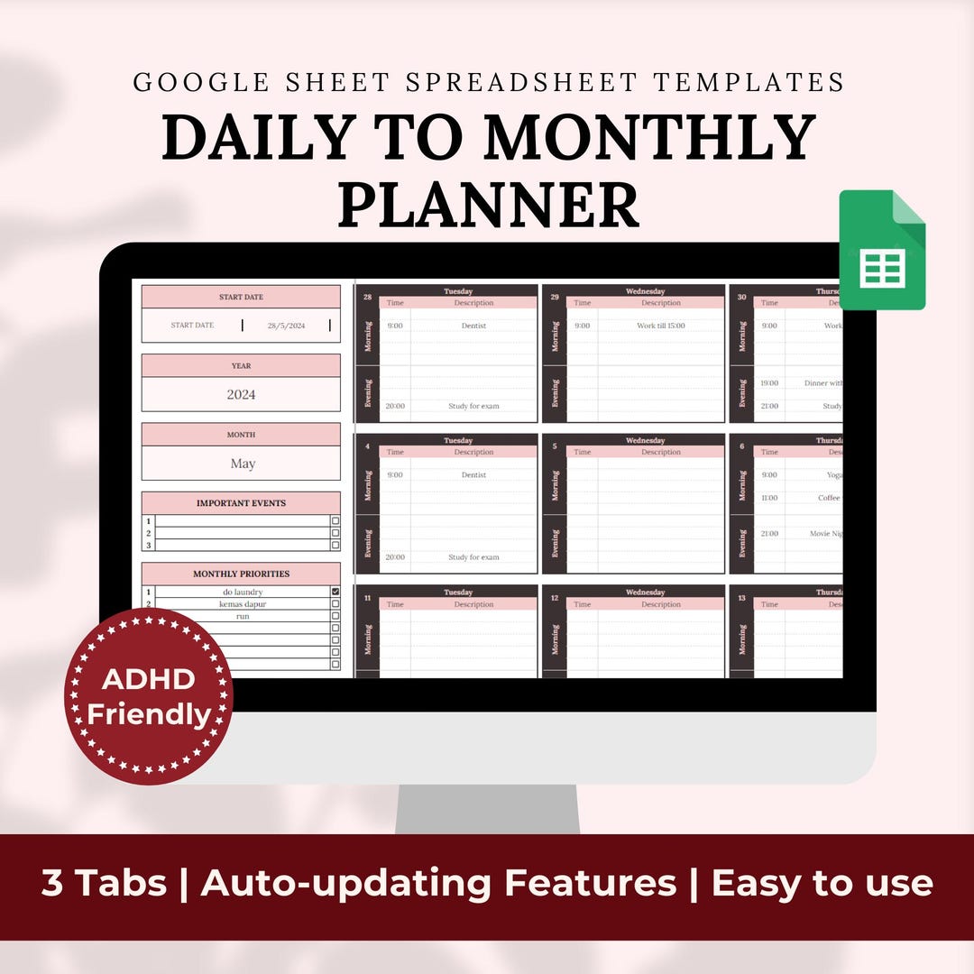 Daily Spreadsheet Planner, Google Sheets Template for Monthly Daily ...