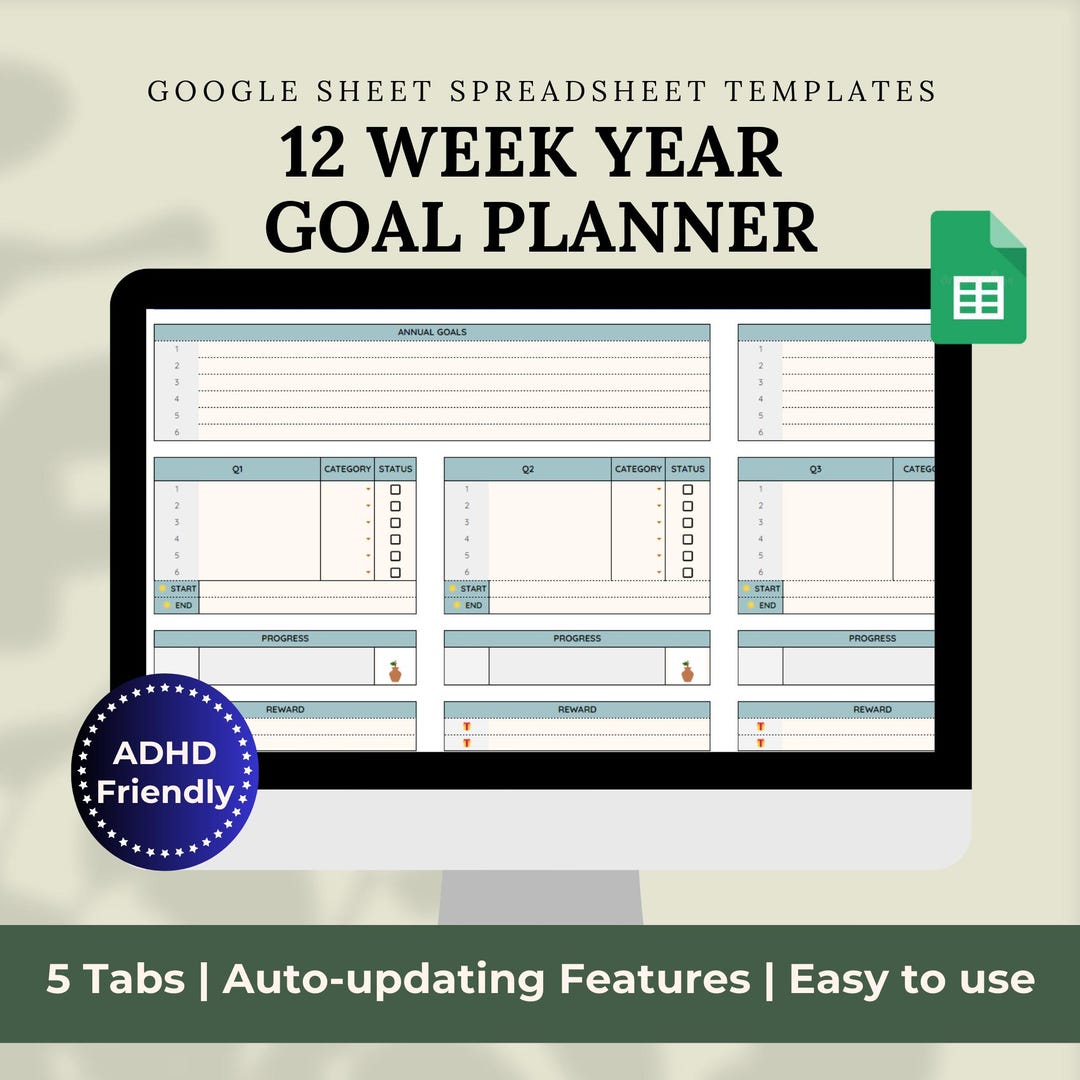 12 Week Year Planner for Google Sheets, Google Sheets Template for ...
