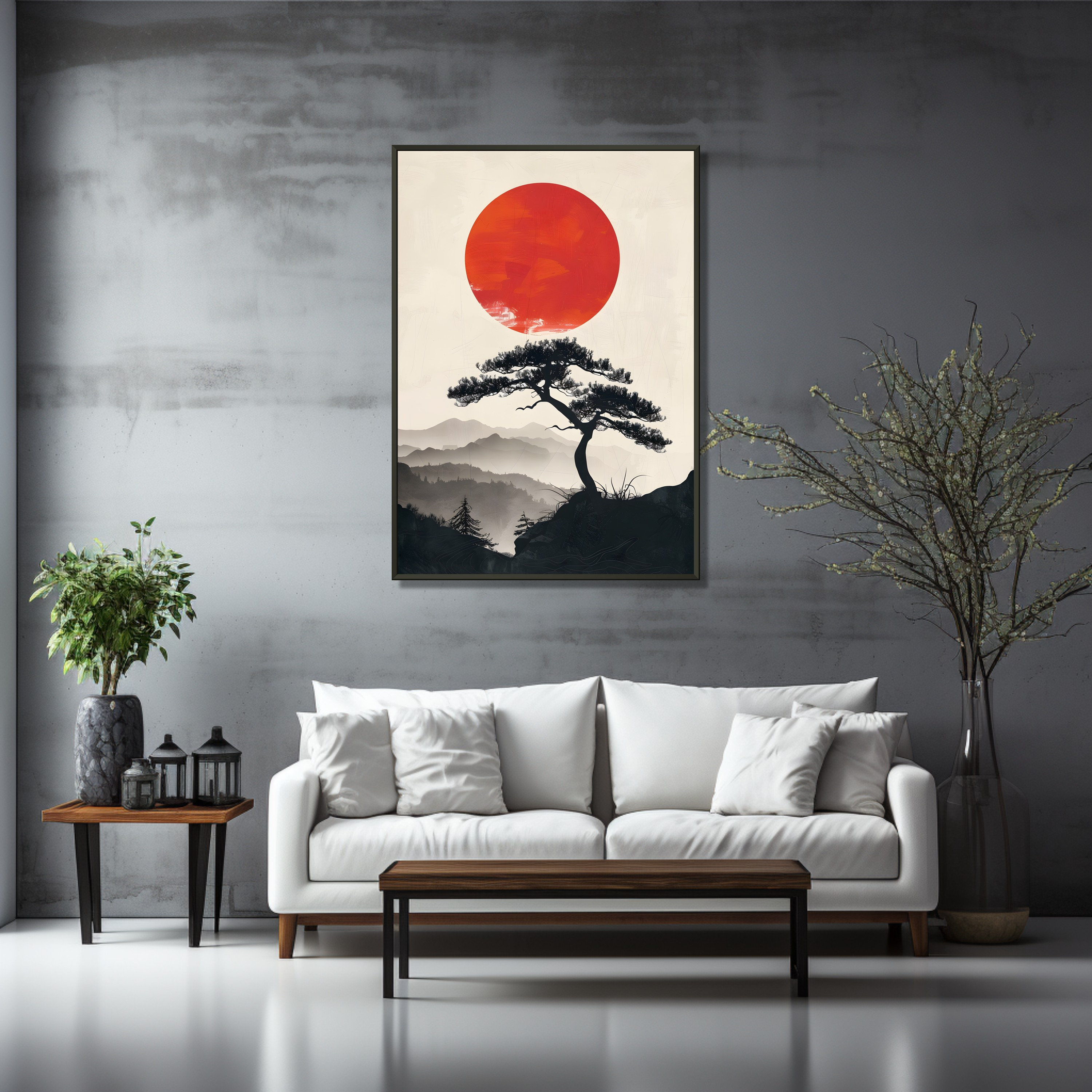 Japandi Sunrise Serenity Japanische Kunst Poster, elegante Wandkunst mit ikonischer roter Sonne ...